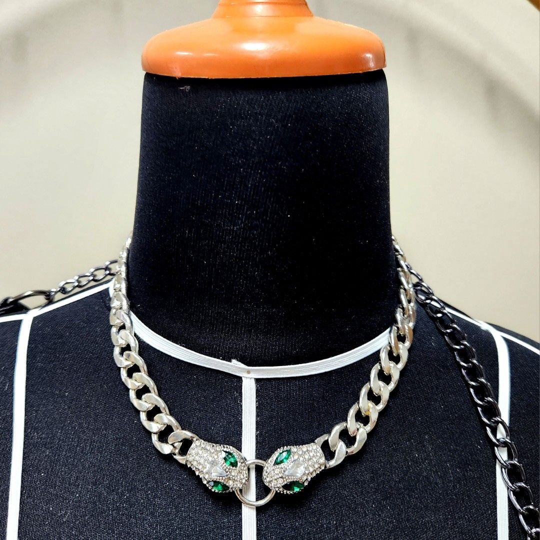 "SERPENT MAFIA" Thick Silver Chained Twin Head Snake Choker Necklace ...