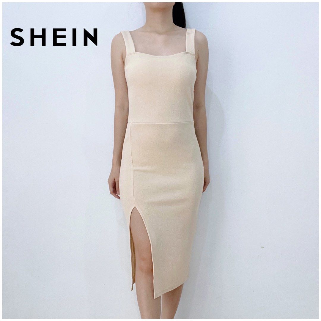 SHEIN Cream Beige Slit Knee Length Bodycon Square Neck Dress Beach Wear ...