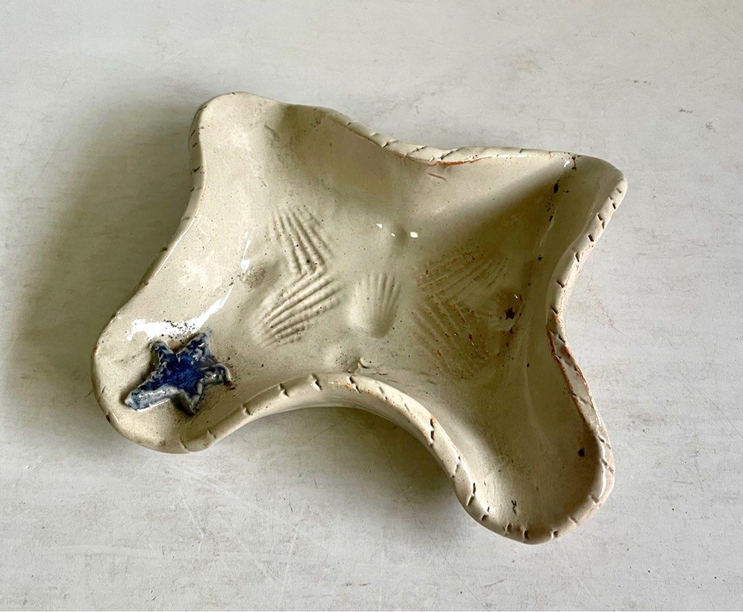 Vintage Handmade Ceramic Glazed Pottery Ashtray with a blue starfish ...