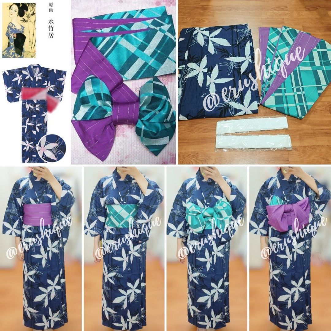 Yukata Set (Navy Blue) Uniqlo Yukata and Double-sided Reversible Obi (Purple/Turquoise) Japanese ...