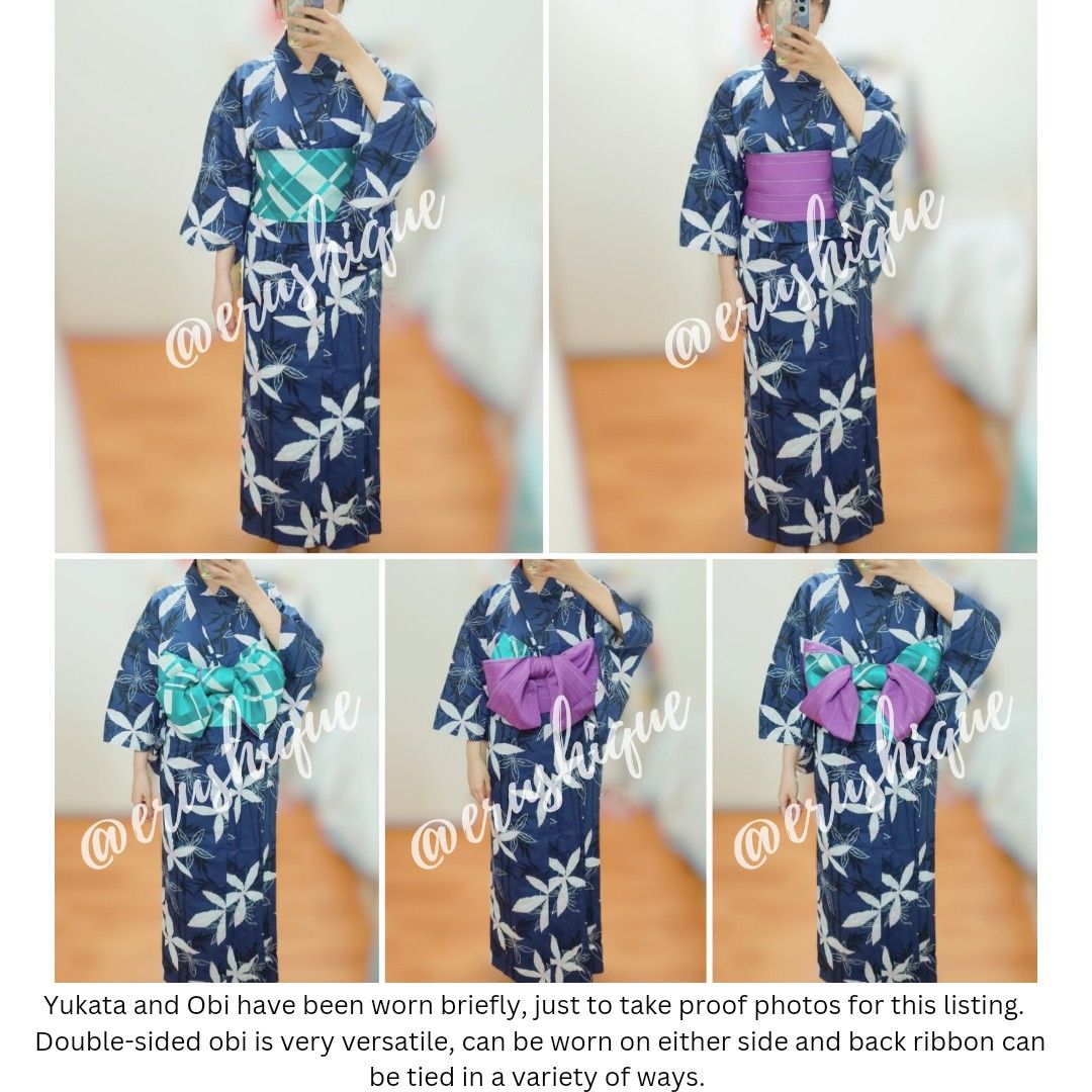 Yukata Set (Navy Blue) Uniqlo Yukata and Double-sided Reversible Obi (Purple/Turquoise) Japanese ...