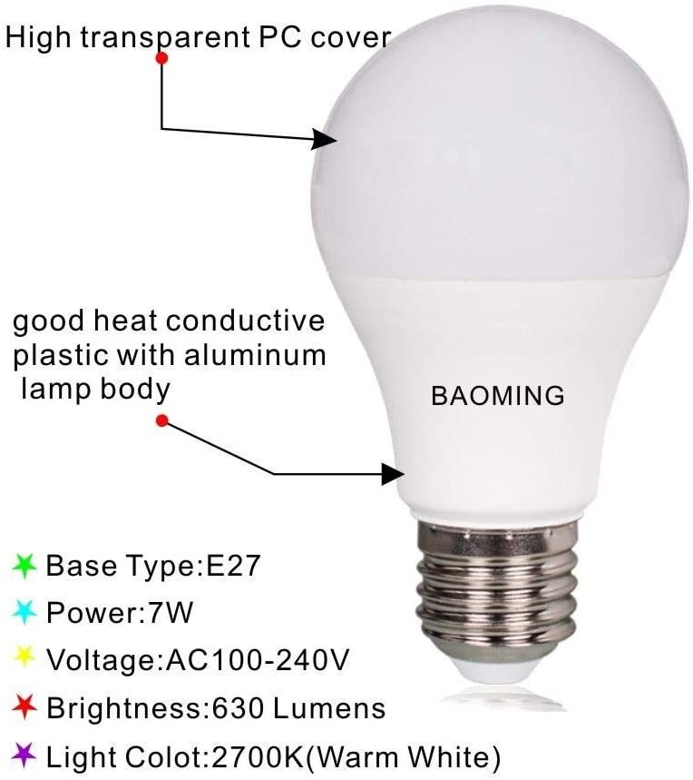 BAOMING Dusk to Dawn Sensor LED Light Bulbs 7W 630 Lumen Warm White ...