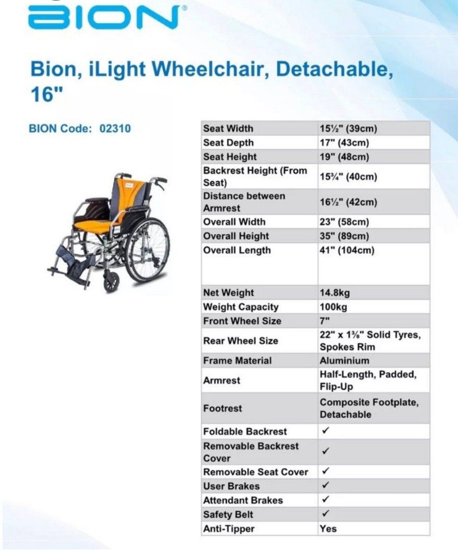 BION iLight detachable wheelchair, Health & Nutrition, Assistive ...