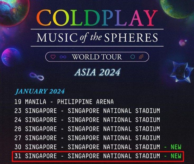 Coldplay Singapore CAT 3 - 31 Jan 2024, 門票＆禮券, 活動門票 - Carousell