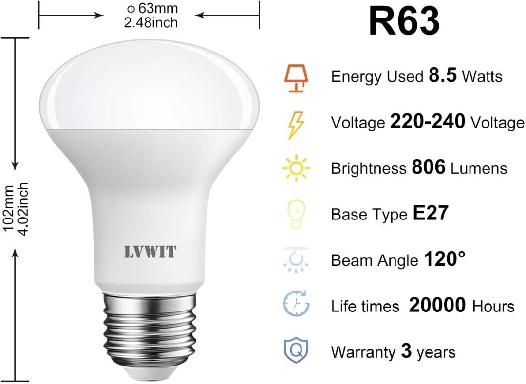 LVWIT R63 Reflector E27 LED Light Bulb, 6 Pack, 8.5W 6500K Daylight/Cool White 806Lm 60W ...