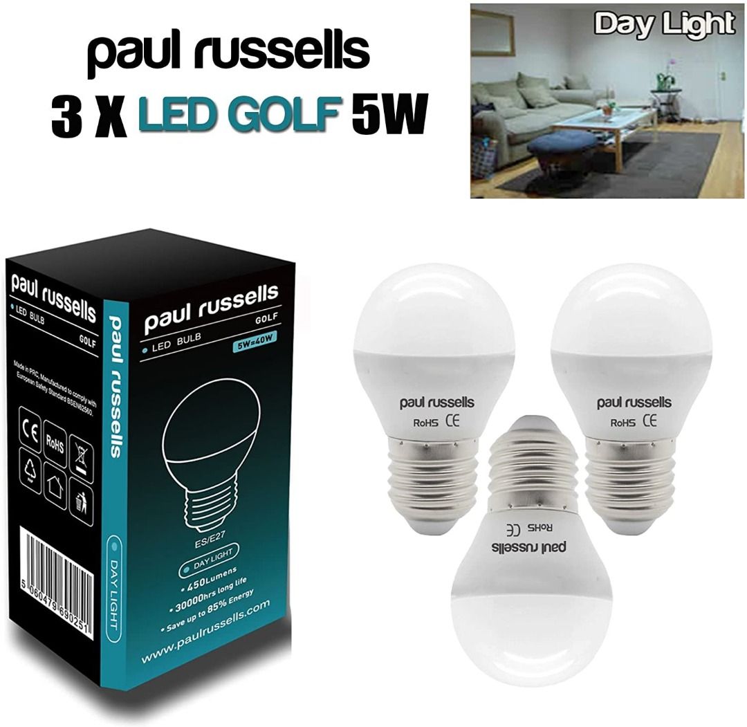 Paul Russells 3 Pack 5W Golf LED Light Bulbs E27 ES Edison Screw Bright ...