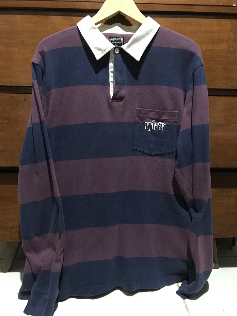 Polo Rugby Shirt Stussy Salur Pocket, Fesyen Pria, Pakaian , Atasan di ...