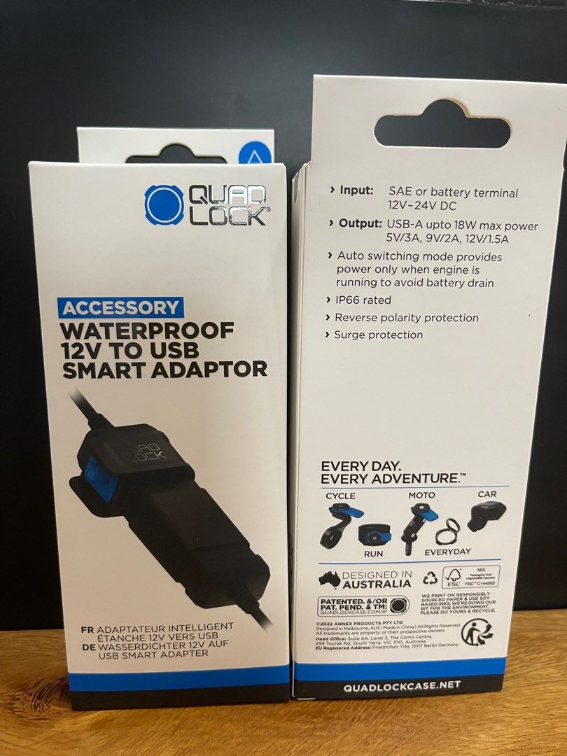 Quad Lock Waterproof 12V to USB Smart Adaptor, Motorbikes, Motorbike ...