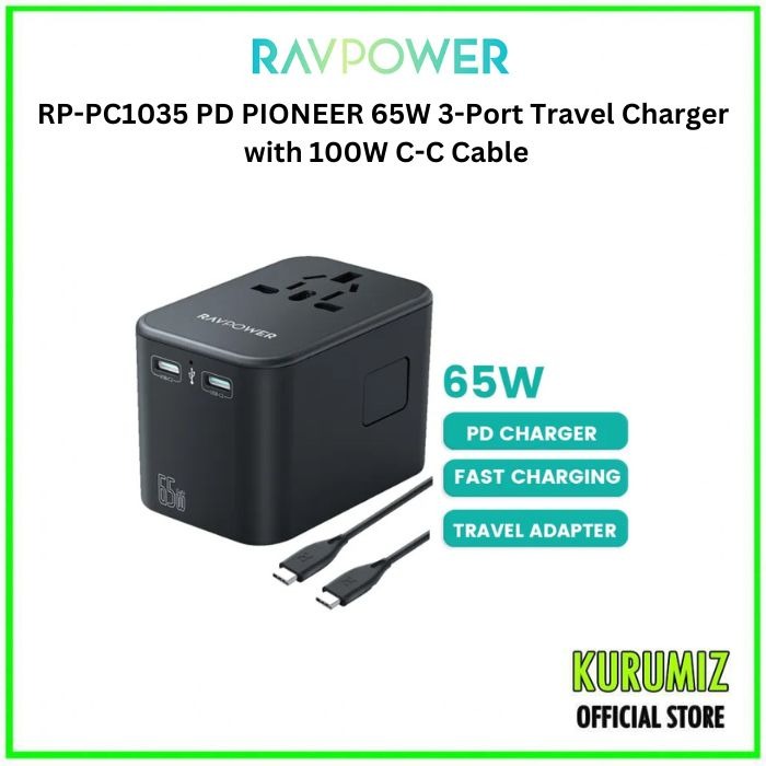 RAVPower RP-PC1035 PD PIONEER 65W 3-Port Travel Charger with 100W C-C ...