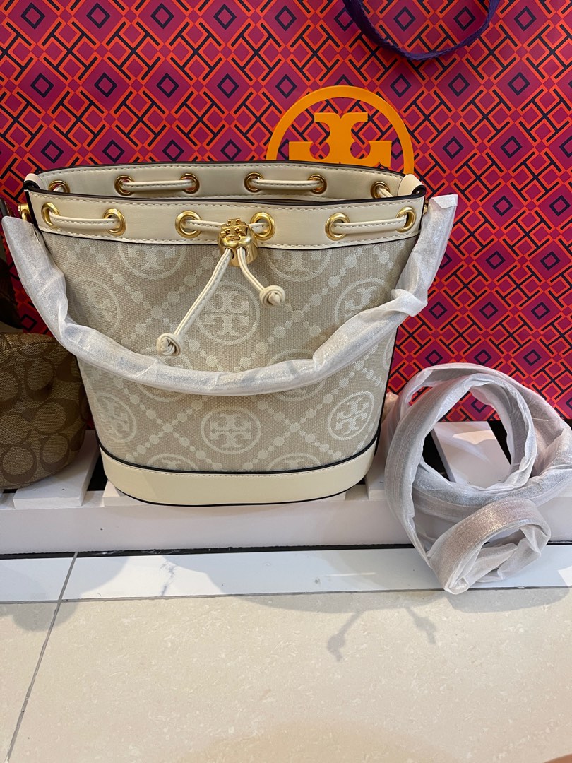 AUTHENTIC TORY BURCH T MONOGRAM BUCKET WHITE, Luxury, Bags & Wallets on ...