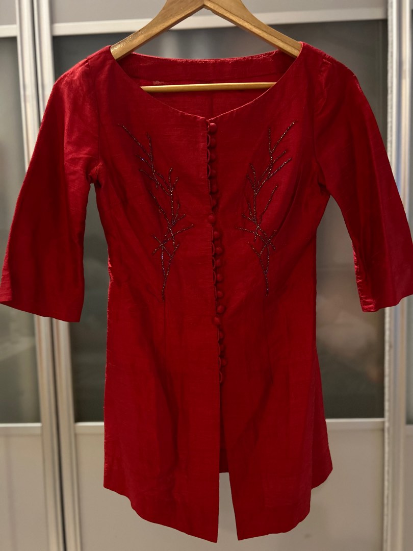 Red kebaya, Women's Fashion, Tops, Blouses on Carousell