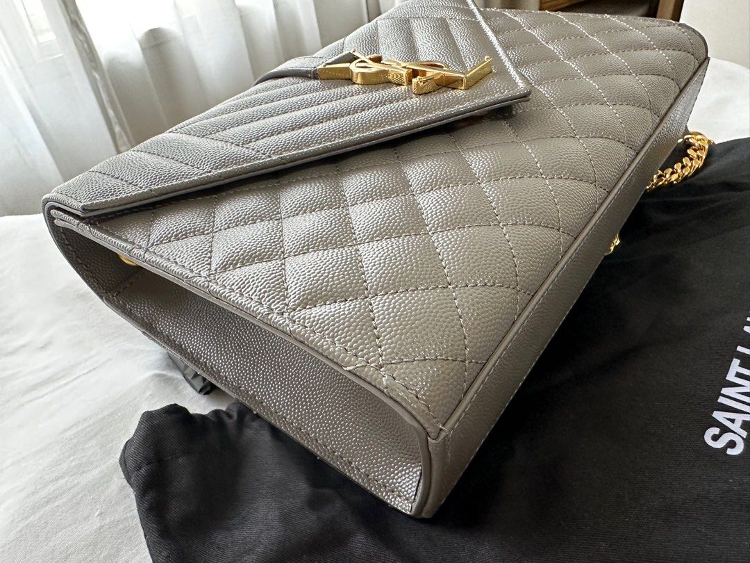 YSL envelope medium in grey with gold hardware, Luxury, Bags & Wallets ...