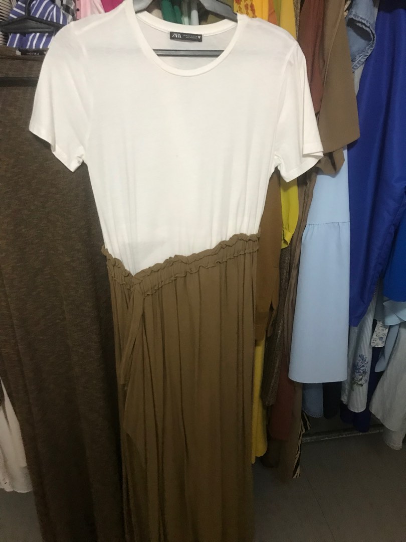 Zara Maxi contrast dress white brown, Women's Fashion, Dresses & Sets ...
