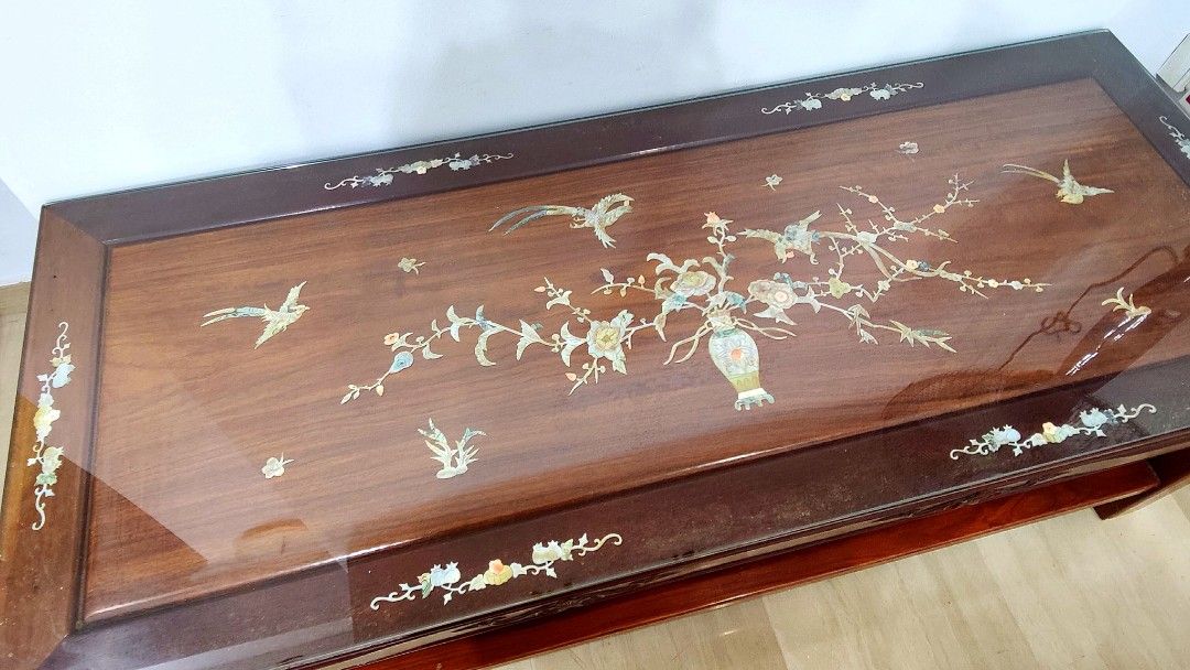 Antique rosewood long center table with glass top, Furniture & Home ...