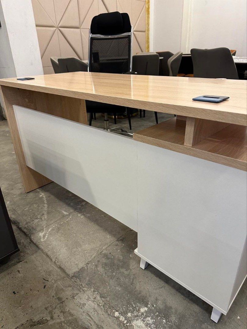 Functional Executive Office Table Desk Cabinet L-shaped Light Wood ...