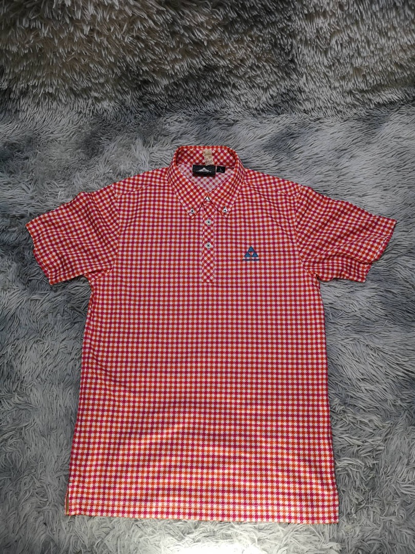 Fischer Red and Orange Checkered Polo Shirt on Carousell