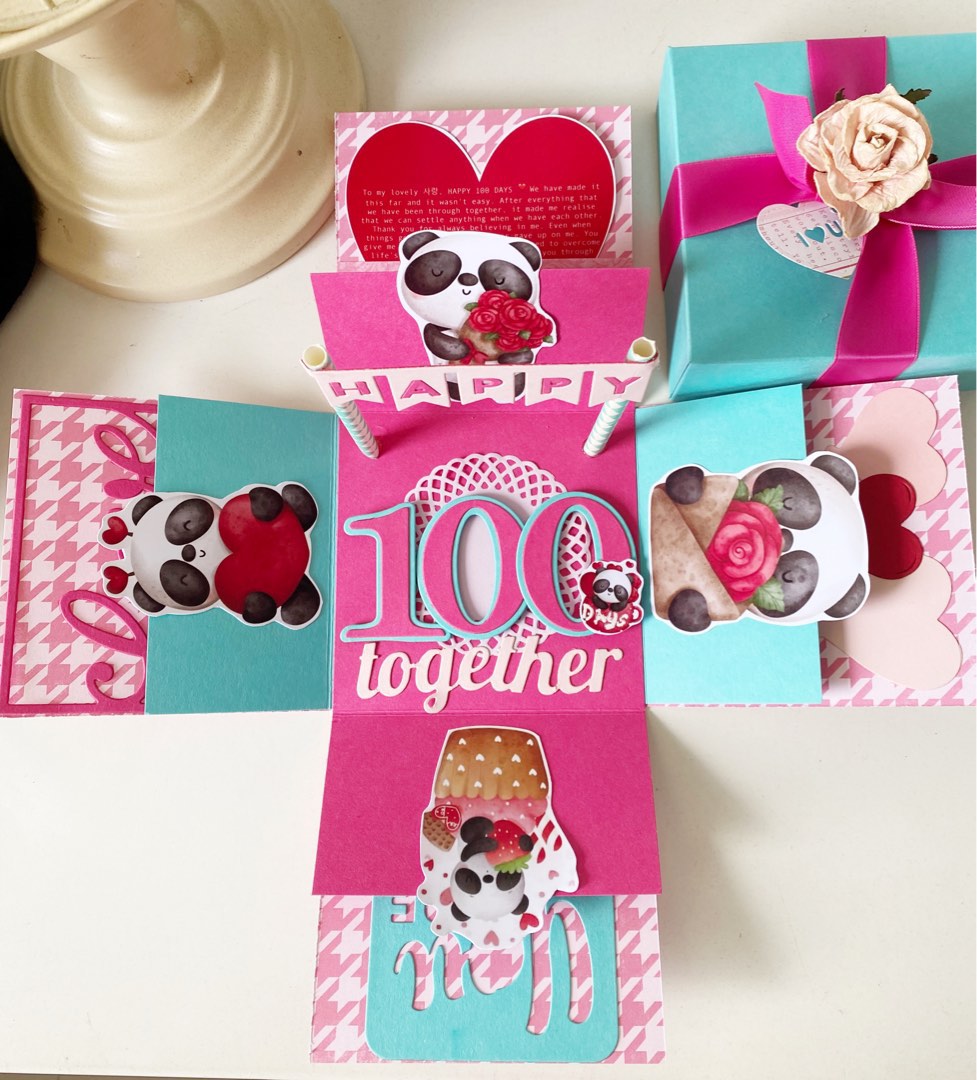 Happy 100 days together panda theme explosion box card, Hobbies & Toys ...