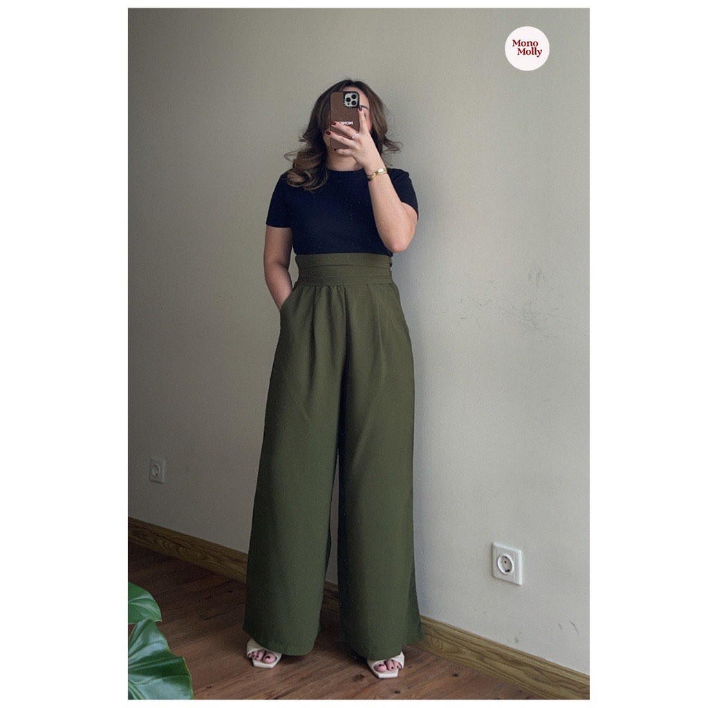 Monomolly Ruby Palazzo Pants - Olive, Fesyen Wanita, Pakaian Wanita, Bawahan di Carousell