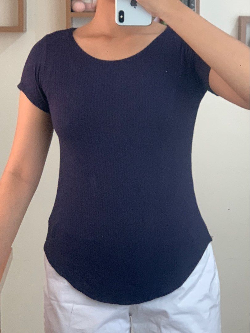 FREE Navy Blue Ribbed Top, Women's Fashion, Tops, Blouses on Carousell