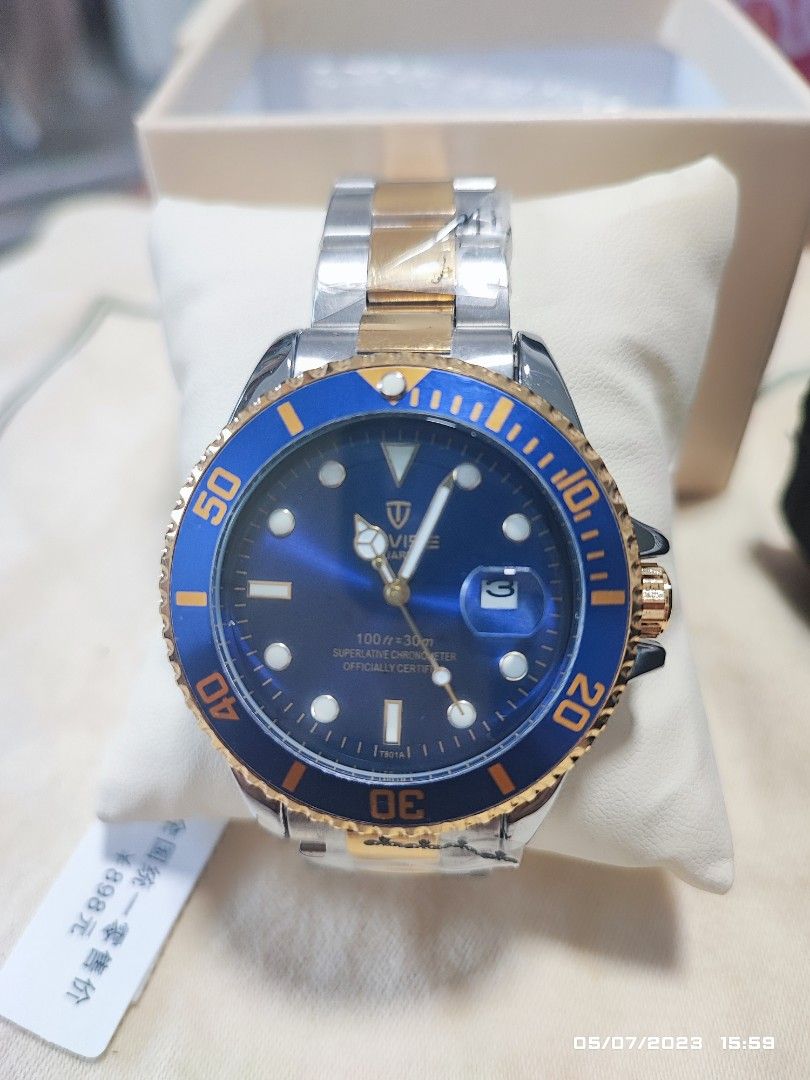 Olevs Blue submariner Quartz half gold, Men's Fashion, Watches ...