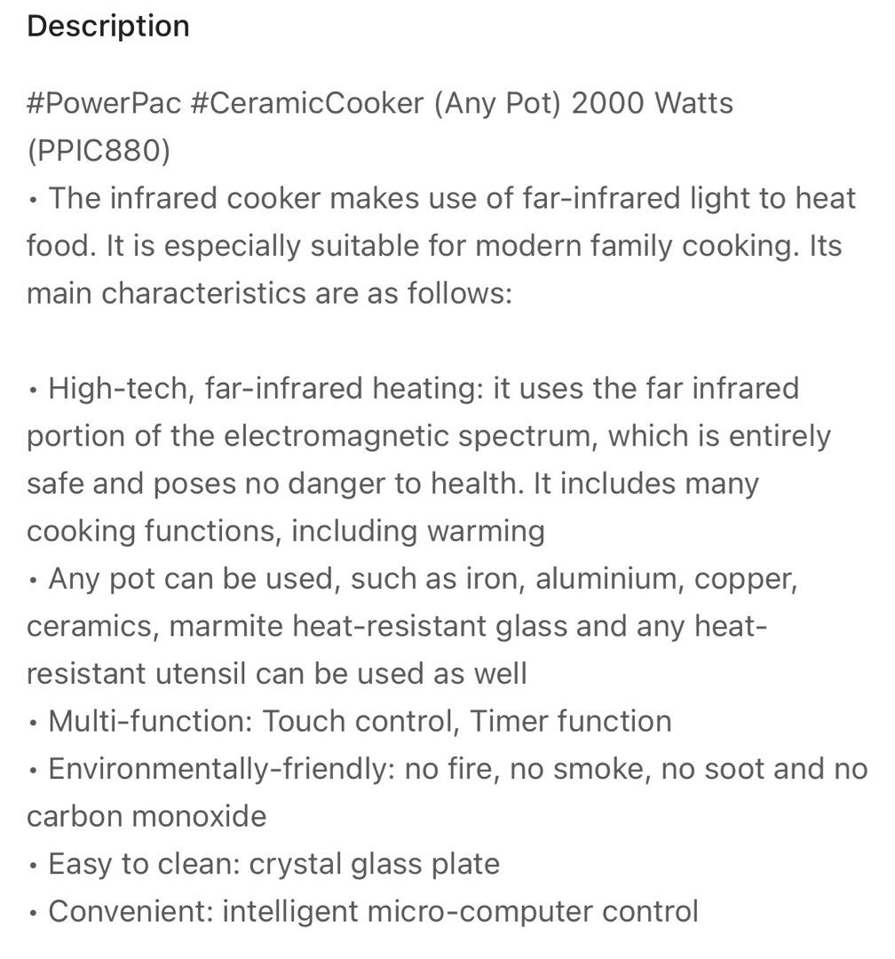 PowerPac Ceramic Cooker Steamboat (Any Pot) 2000 Watts (PPIC880), TV ...