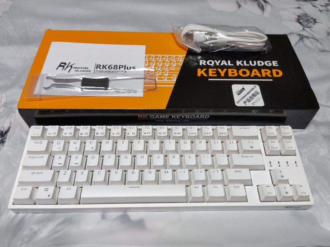 Royal Kludge RK68 plus 68keys Hot-swappable White LED Backlit Tri-mode (Bluetooth/2.4G/Wired ...
