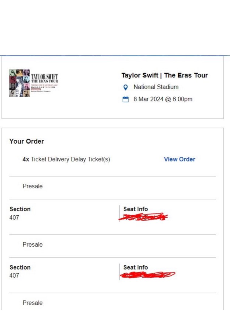 Taylor swift era tour 2x tickets cat 4. 8 march 2024, Tickets ...