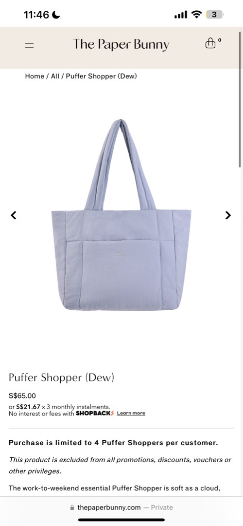 THE PAPER BUNNY PUFFER SHOPPER (DEW), Women's Fashion, Bags & Wallets ...