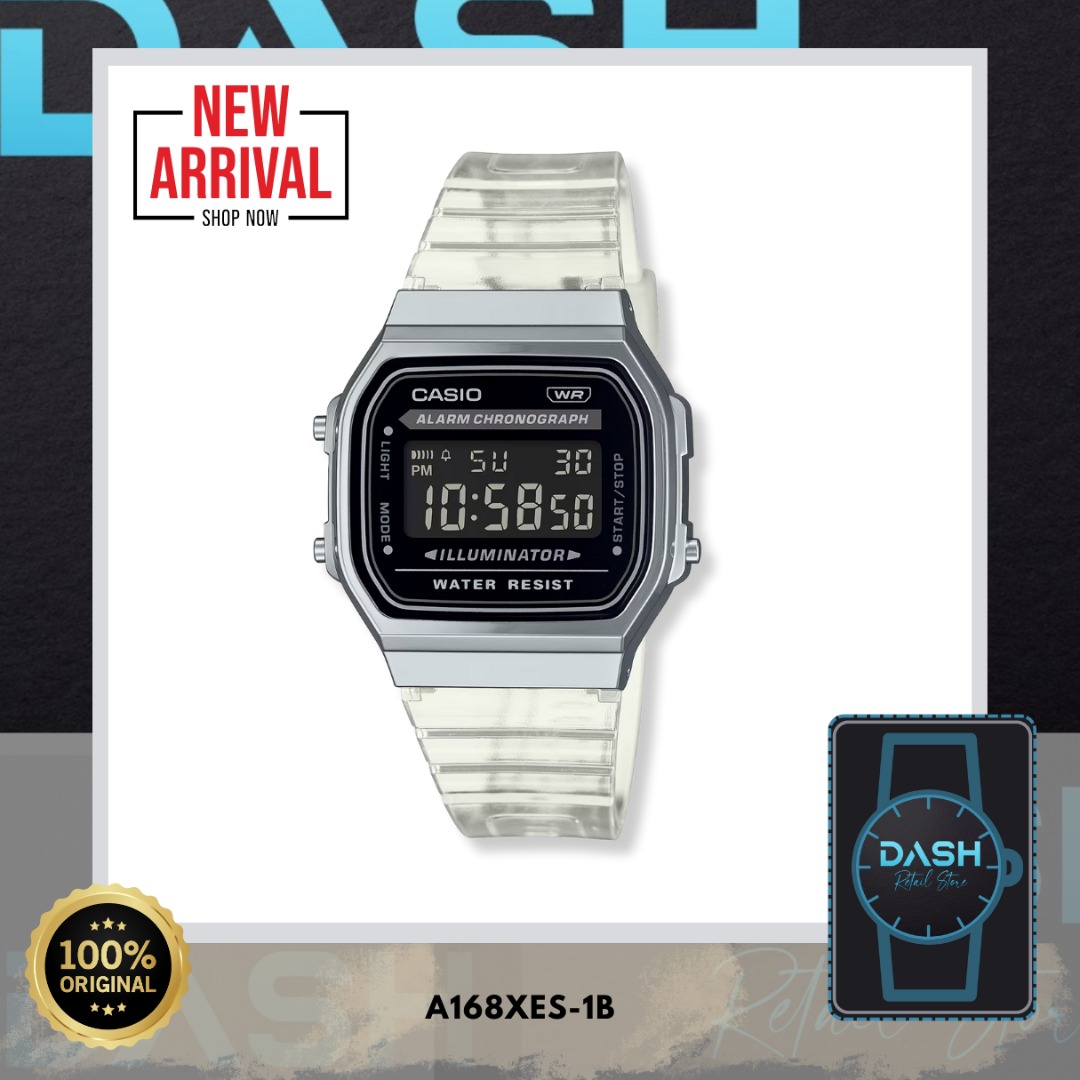 Unisex Casio A168XES-1B / A168XES-1BDF - A168XES - with transparent band on Carousell