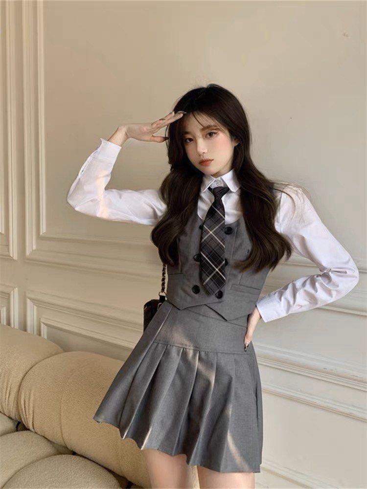 Vest + skirt + tie set, school uniform JK style, Women's Fashion ...