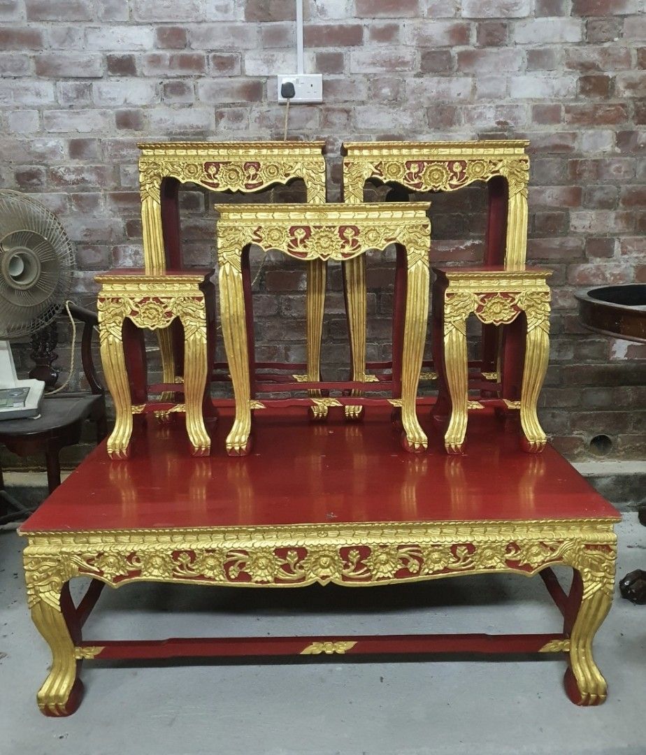 VINTAGE THAI ALTAR SET OF TABLES RED & GOLD, Furniture & Home Living ...