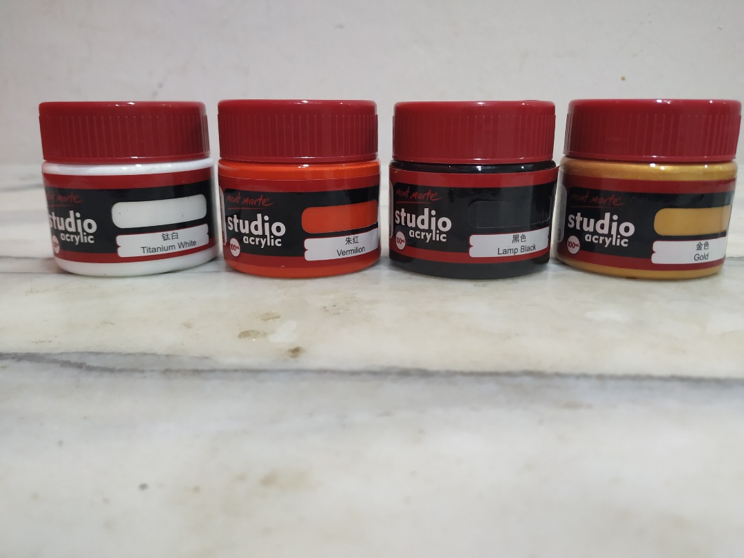 acrylic paint mont marte 100ml cat warna putih oren hitam emas, Hobbies ...