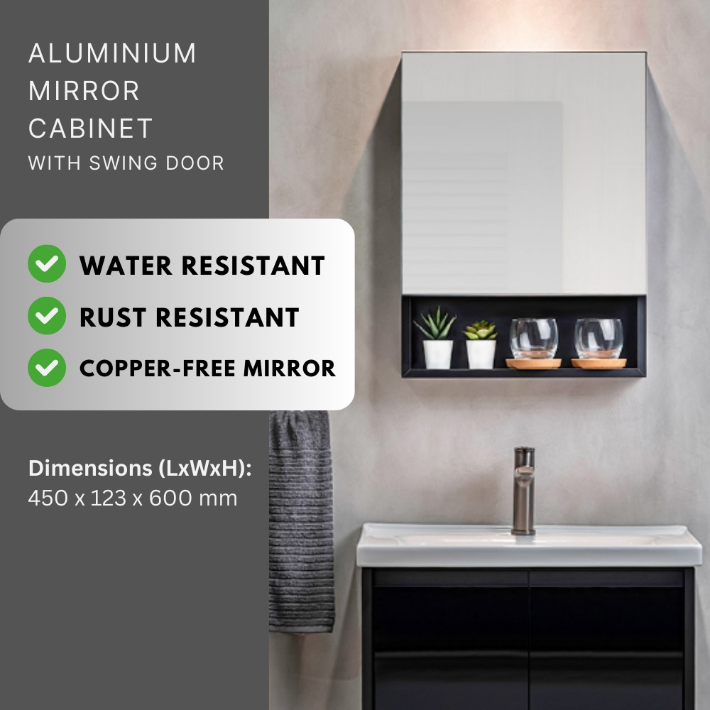 Aluminium Bathroom Mirror Cabinet with Swing Door + Bottom Display, Furniture & Home Living ...