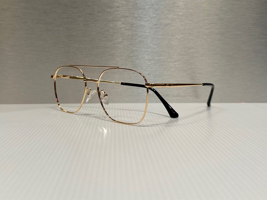 Gold rectangular aviator metal prescription frame eyewear, Men's ...
