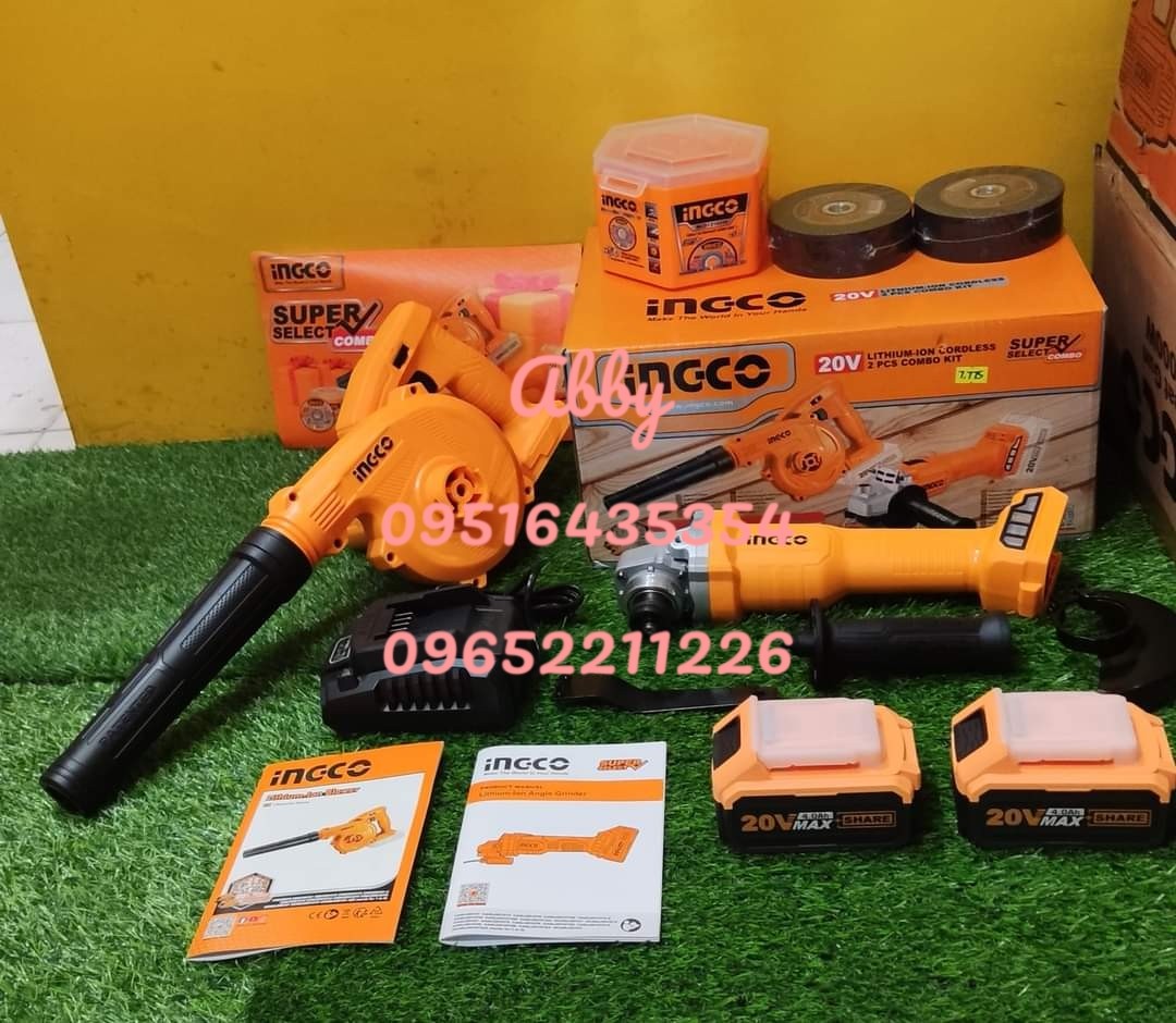 INGCO 20V Cordless Brushless Angle Grinder & Blower w/ 4AH Batteries ...
