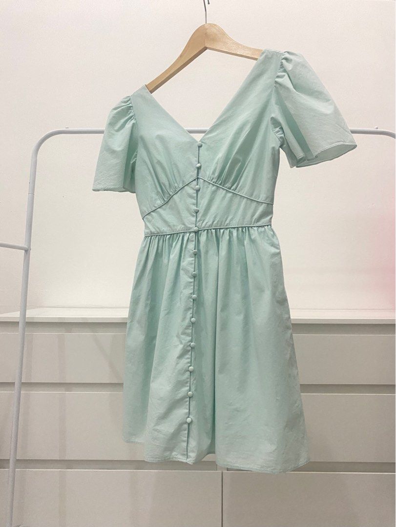 MDS Dress teal tosca ruffle midi for women puffy sleeves dress biru ...