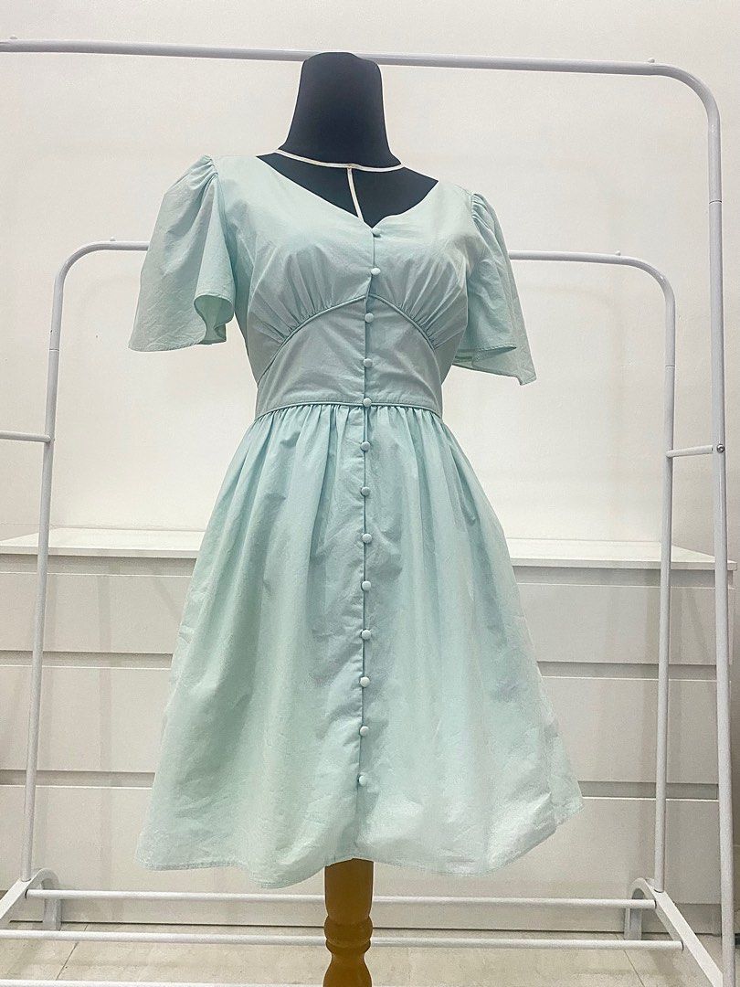 MDS Dress teal tosca ruffle midi for women puffy sleeves dress biru ...