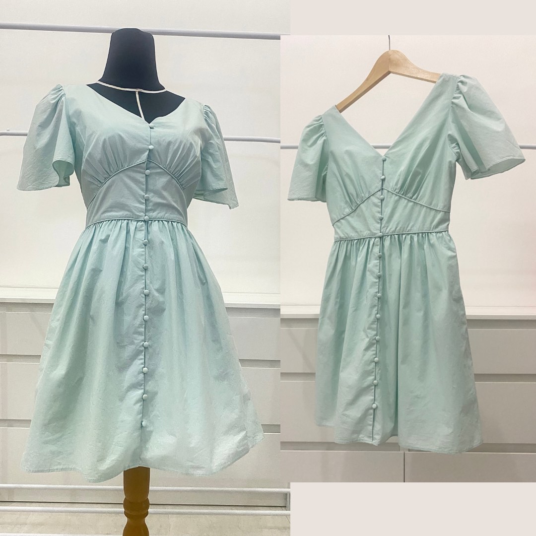 MDS Dress teal tosca ruffle midi for women puffy sleeves dress biru ...