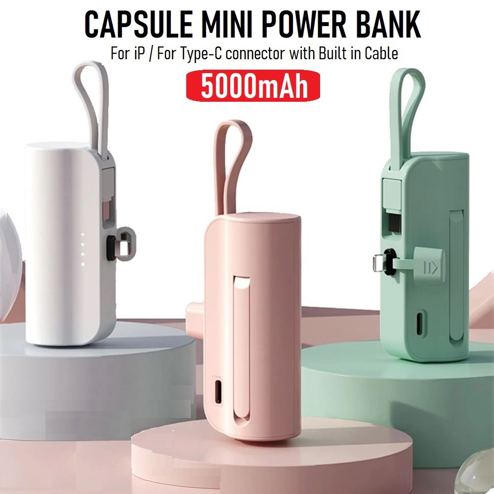 Mini Capsule 5000mAh Power Bank Built in Cable Portable Charger ...