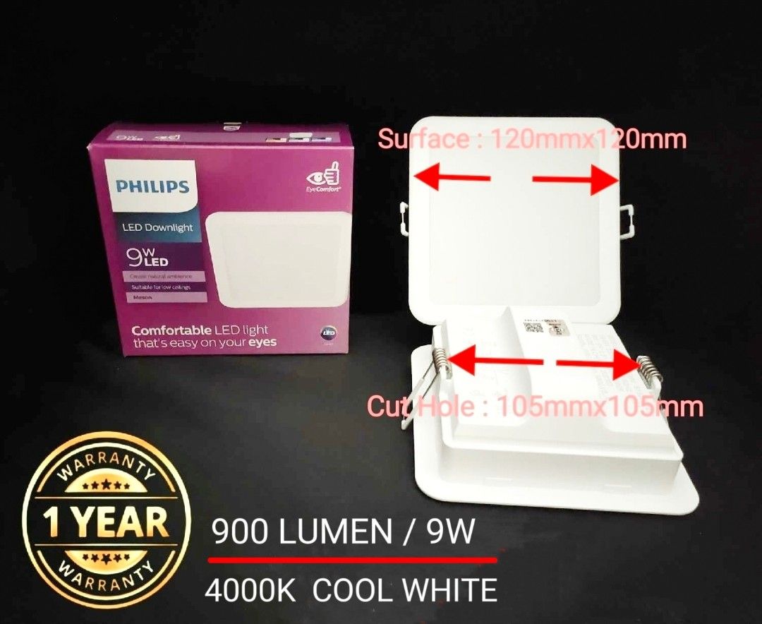 Philips 9W LED Downlight (Square), Furniture & Home Living, Lighting ...