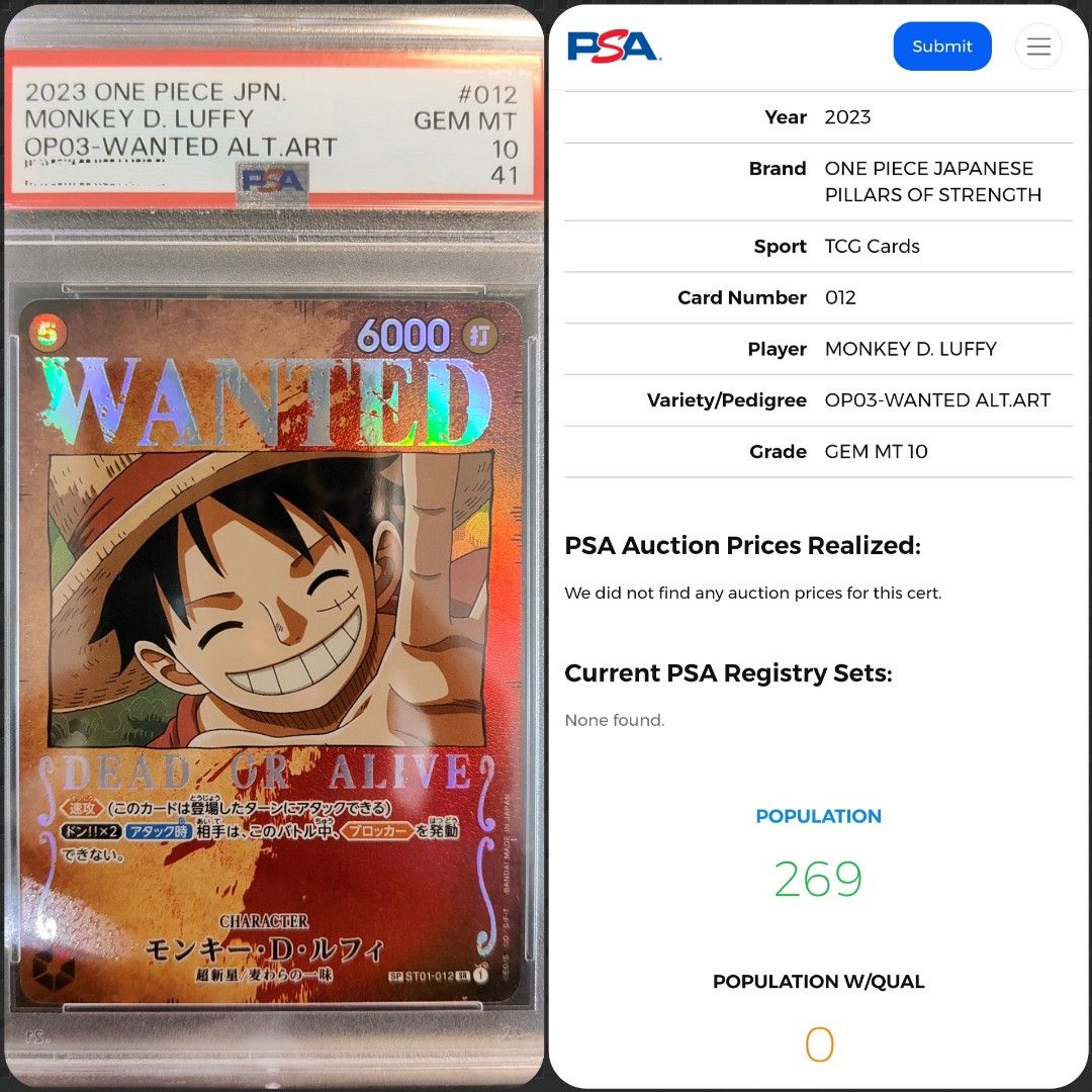PSA 10 OP-03 Wanted Luffy, Hobbies & Toys, Toys & Games on Carousell