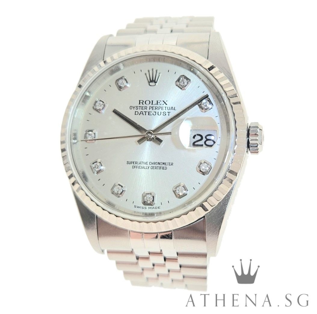 ROLEX MENS SIZE OYSTER PERPETUAL DATEJUST 36MM “A” SERIES “SILVER DIAMOND DIAL” 16234 (WATCH ...