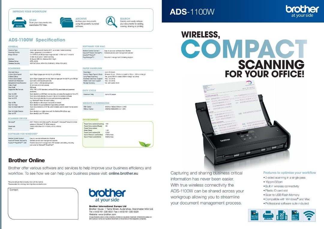 [RUSH SALE!!!] Brother Wireless Compact Scanner ADS-1100W, Computers ...