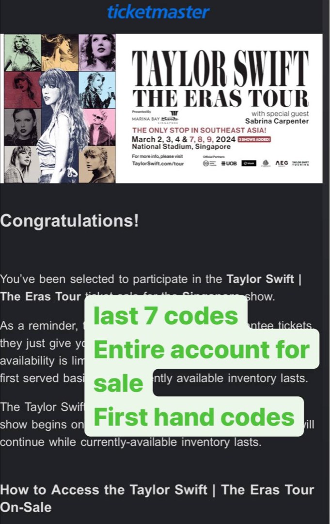 Taylor swift access code Singapore Taylorswift code, Tickets & Vouchers ...
