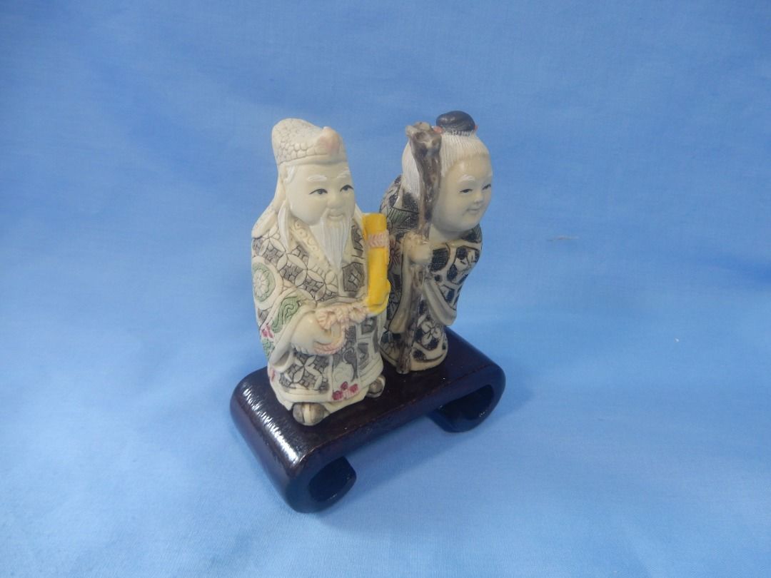 Vintage hand carved faux ivory fishbone resin netsuke deities display ...