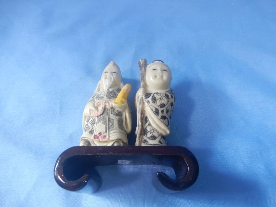 Vintage hand carved faux ivory fishbone resin netsuke deities display ...