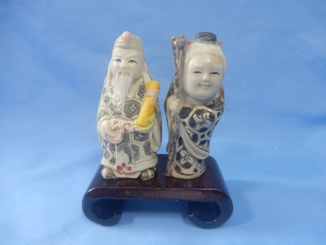 Vintage hand carved faux ivory fishbone resin netsuke deities display ...