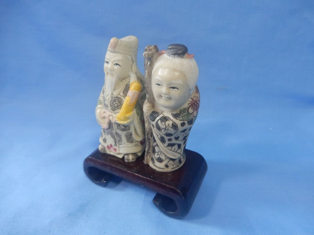 Vintage hand carved faux ivory fishbone resin netsuke deities display ...