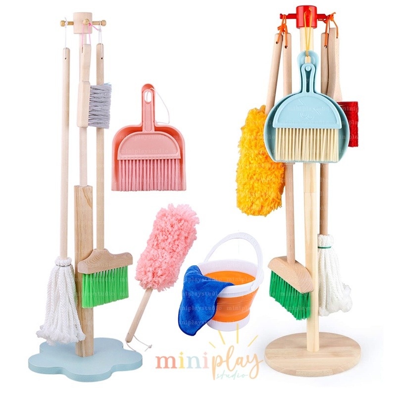 7pc Dust Sweep Mop Broom Duster Rag Dustpan Stand Children Pretend Play ...