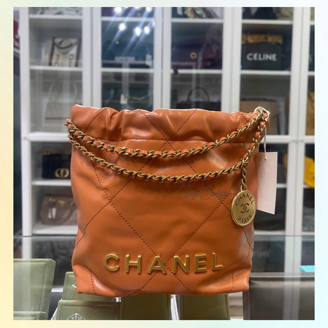 Chanel Mini 22 Shiny Calfskin 23A Gold/Tan (Microchip), Luxury, Bags ...